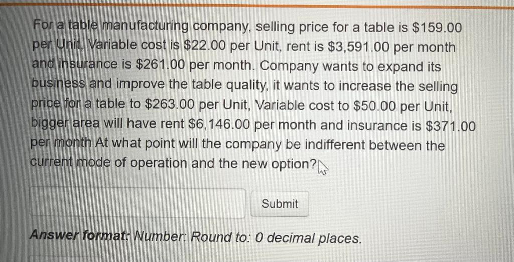 Solved For a table manufacturing company, selling price for | Chegg.com