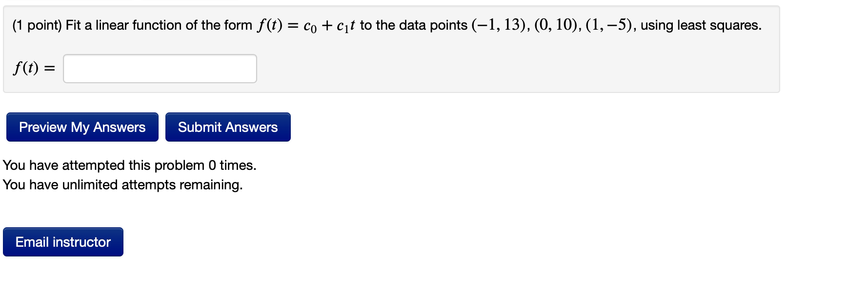 Solved (1 point) Fit a linear function of the form f(t) = co | Chegg.com