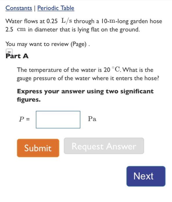 Solved Constants Periodic Table Water flows at 0.25 L/s | Chegg.com
