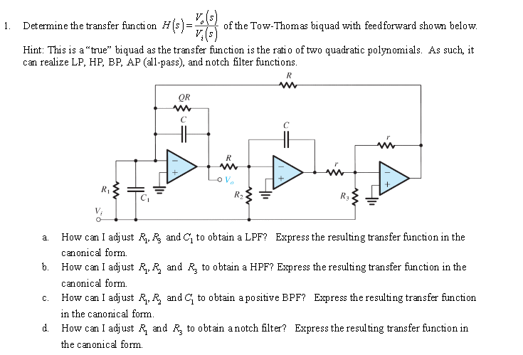 Solved Determine the transfer function H(s)=Vi(s)Vo(s) of | Chegg.com