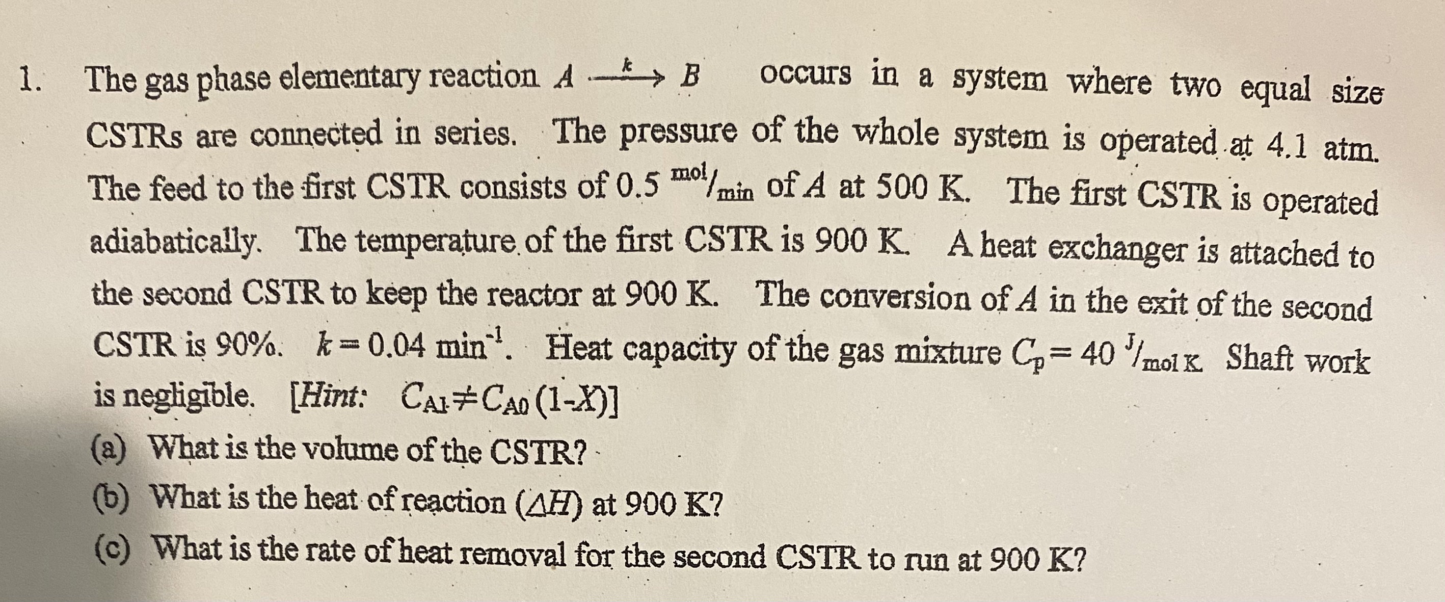 Solved The gas phase elementary reaction A to B occurs in a | Chegg.com