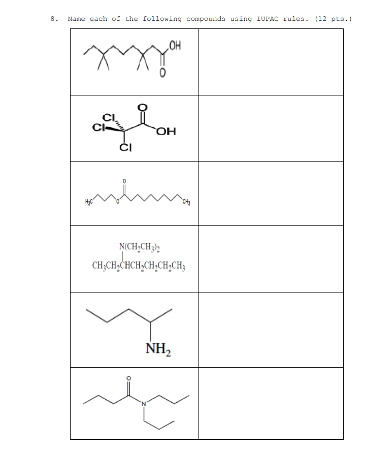 Solved 8. Name each of the following compounds using IUPAC | Chegg.com