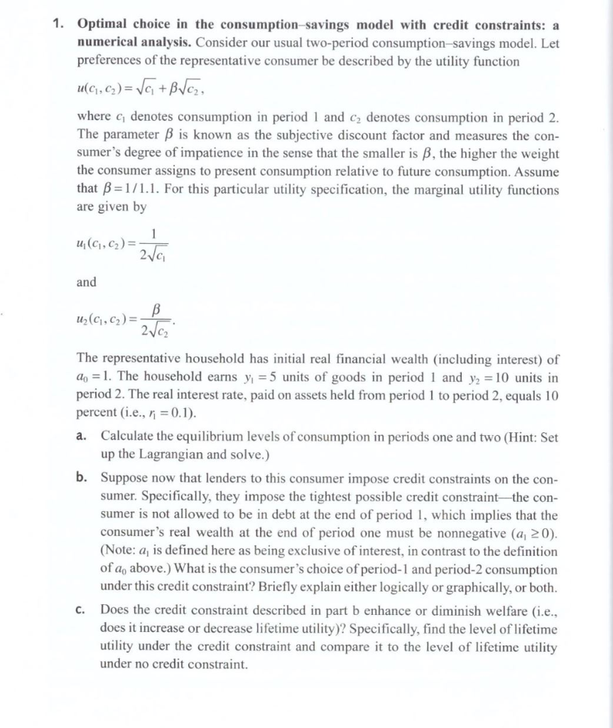 1. Optimal choice in the consumption-savings model | Chegg.com