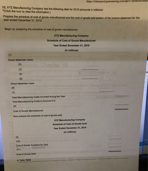 Solved 12. XYZ Manufacturing Company has the following data | Chegg.com