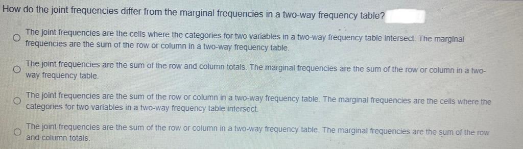 Solved How do the joint frequencies differ from the marginal | Chegg.com Solved How do the joint frequencies differ from the marginal | Chegg.com