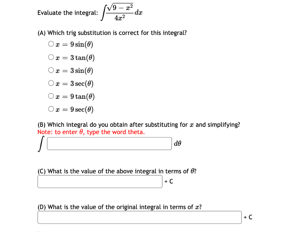Solved Evaluate the integral: V9 - 22 dx 4.x2 (A) Which trig | Chegg.com