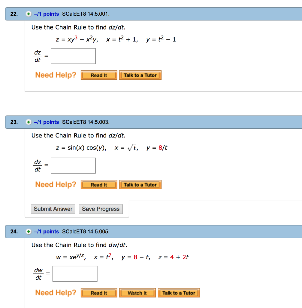 Solved 22. + -/1 points SCalcET8 14.5.001 Use the Chain Rule | Chegg.com
