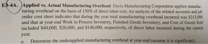 Solved Applied vs. Actual Manufacturing Overhead Davis | Chegg.com