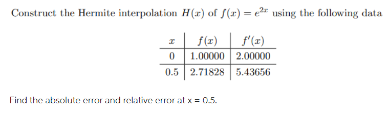 Solved Construct the Hermite interpolation H(x) of f(x)=e2x | Chegg.com