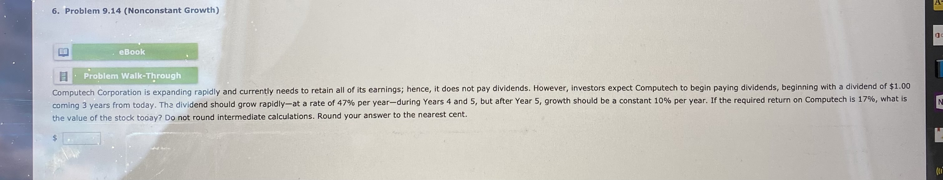 Solved 6. Problem 9.14 (Nonconstant Growth) the value of the | Chegg.com