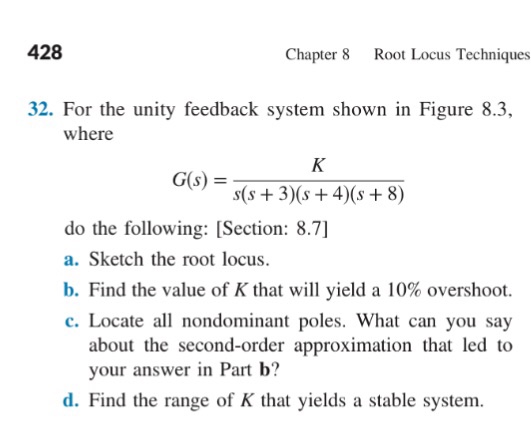 Solved 428 Chapter 8 Root Locus Techniques 32. For the unity | Chegg.com