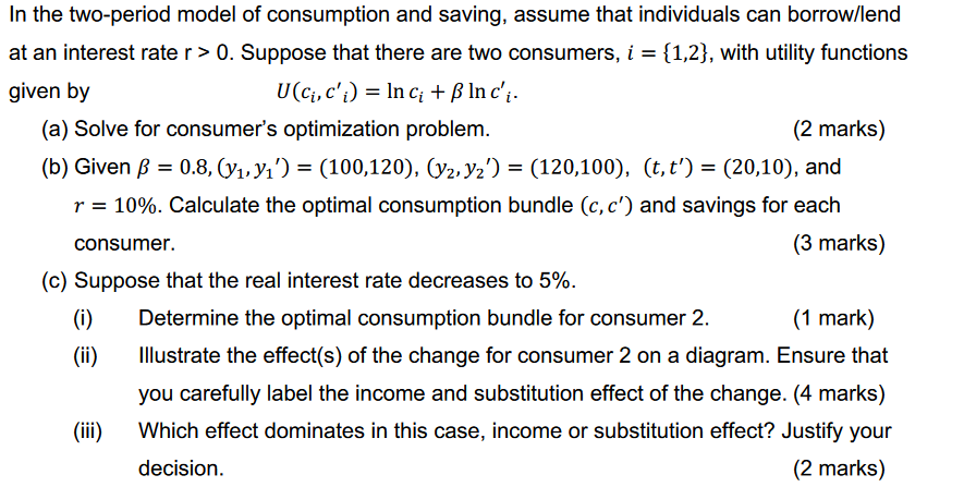 Solved = In the two-period model of consumption and saving, | Chegg.com