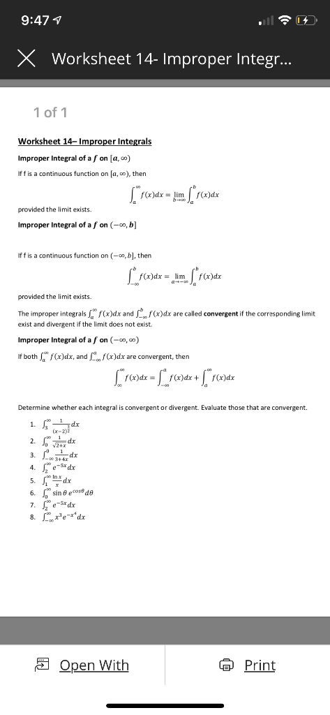 Solved 9:47 7 Worksheet 14- Improper Integr 1 of 1 Worksheet | Chegg.com