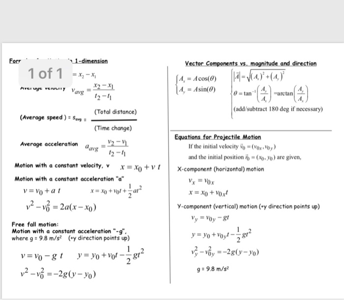 Projectile Motion Equation Sheet