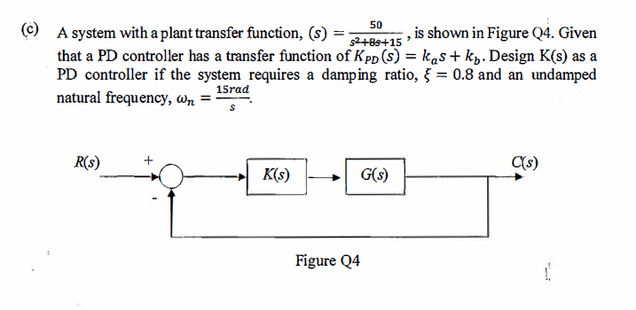 Solved c) A system with a plant transfer function, | Chegg.com