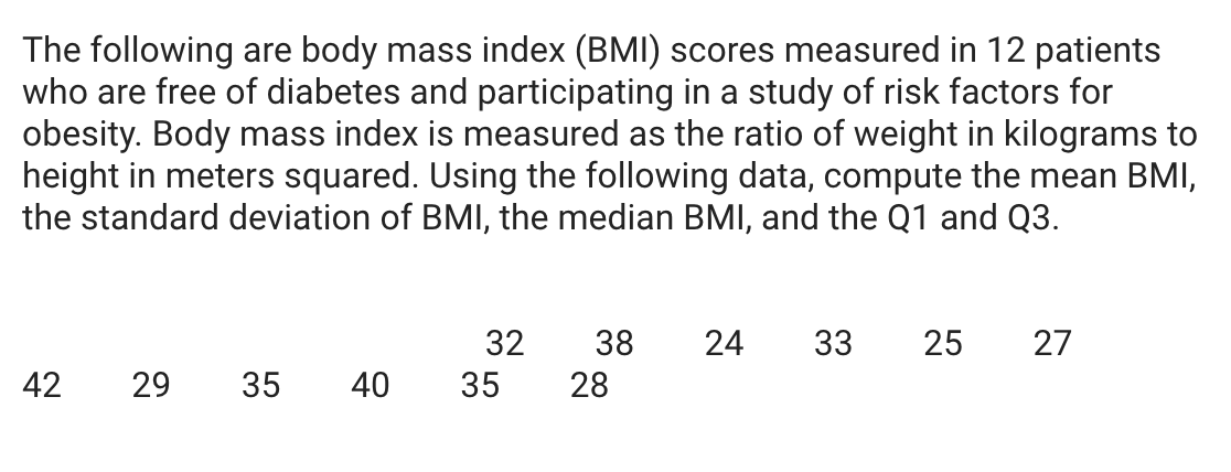 Solved The following are body mass index (BMI) scores | Chegg.com