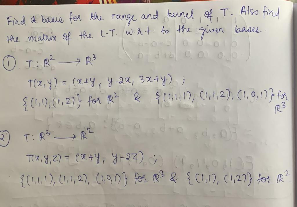 Solved Find at basis for the range and kernel of, T. Also | Chegg.com