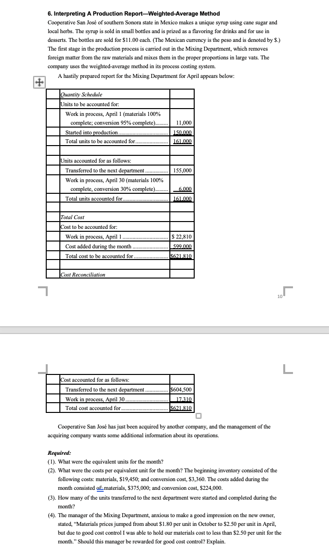 Solved Interpreting A Production Report—Weighted-Average | Chegg.com