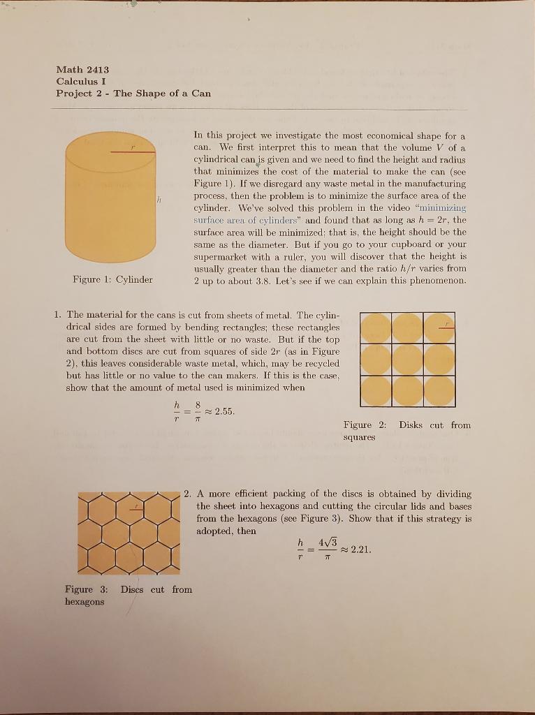 Solved Math 2413 Calculus I Project 2 - The Shape of a Can 7 | Chegg.com