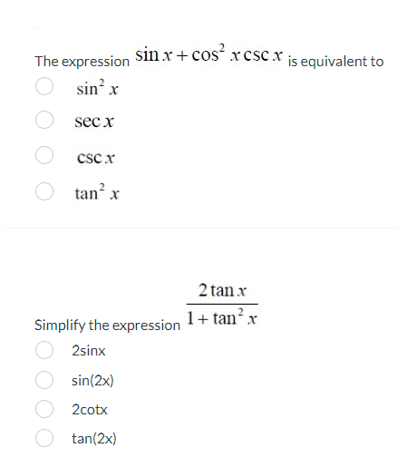 Solved The expression sinx+cos2xcscx is equivalent to | Chegg.com