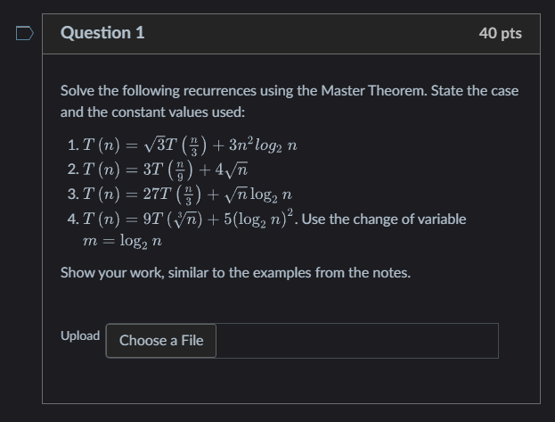 Solve the following recurrences using the Master | Chegg.com