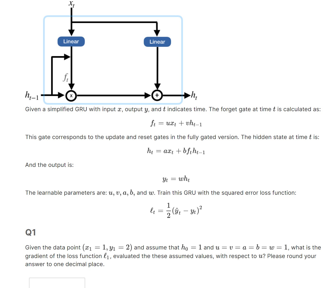Given a simplified GRU with input x, output y, and t | Chegg.com