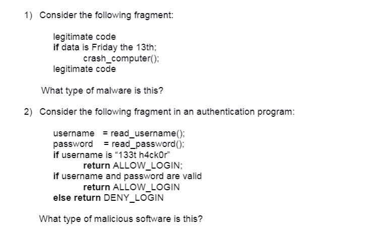 Solved 1) Consider the following fragment: legitimate code | Chegg.com