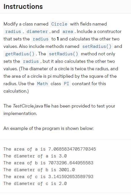 Solved Instructions Modify a class named Circle with fields | Chegg.com