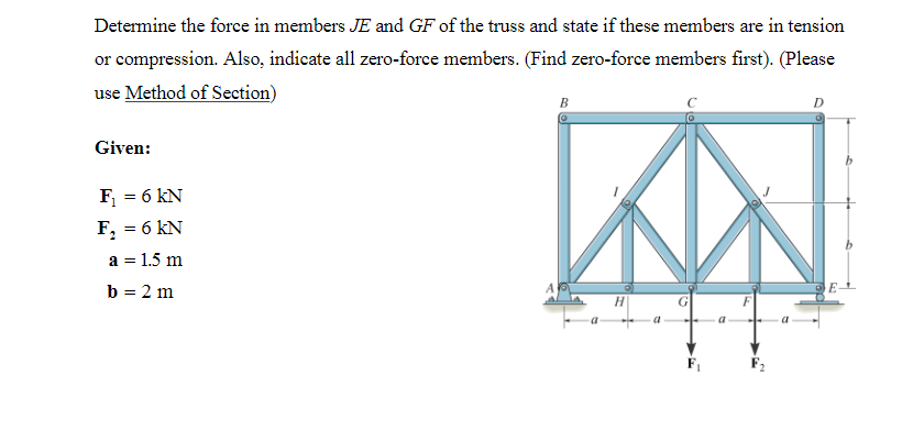 Solved Determine the force in members JE and GF of the truss | Chegg.com