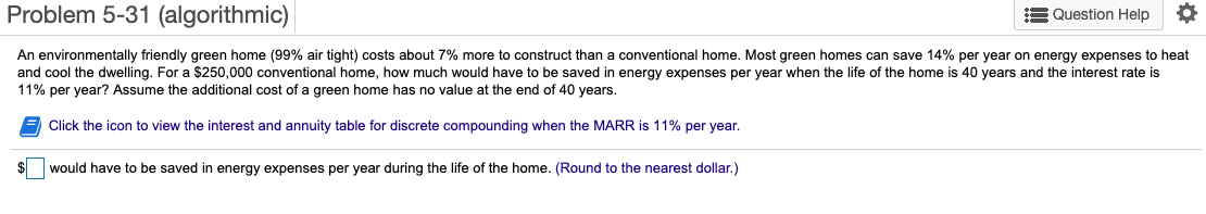 Solved Problem 5-31 (algorithmic) * Question Help An | Chegg.com