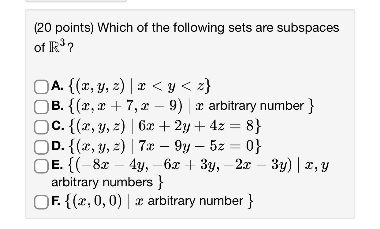 Solved (20 points) Which of the following sets are subspaces | Chegg.com