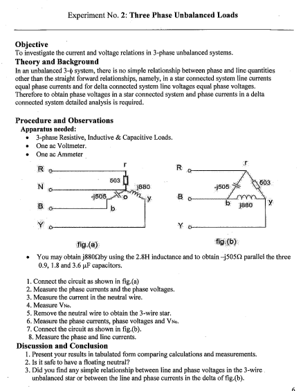 Experiment No. 2: Three Phase Unbalanced Loads | Chegg.com