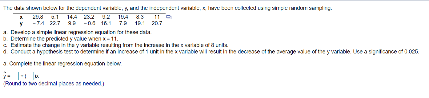 Solved X The data shown below for the dependent variable, y, | Chegg.com