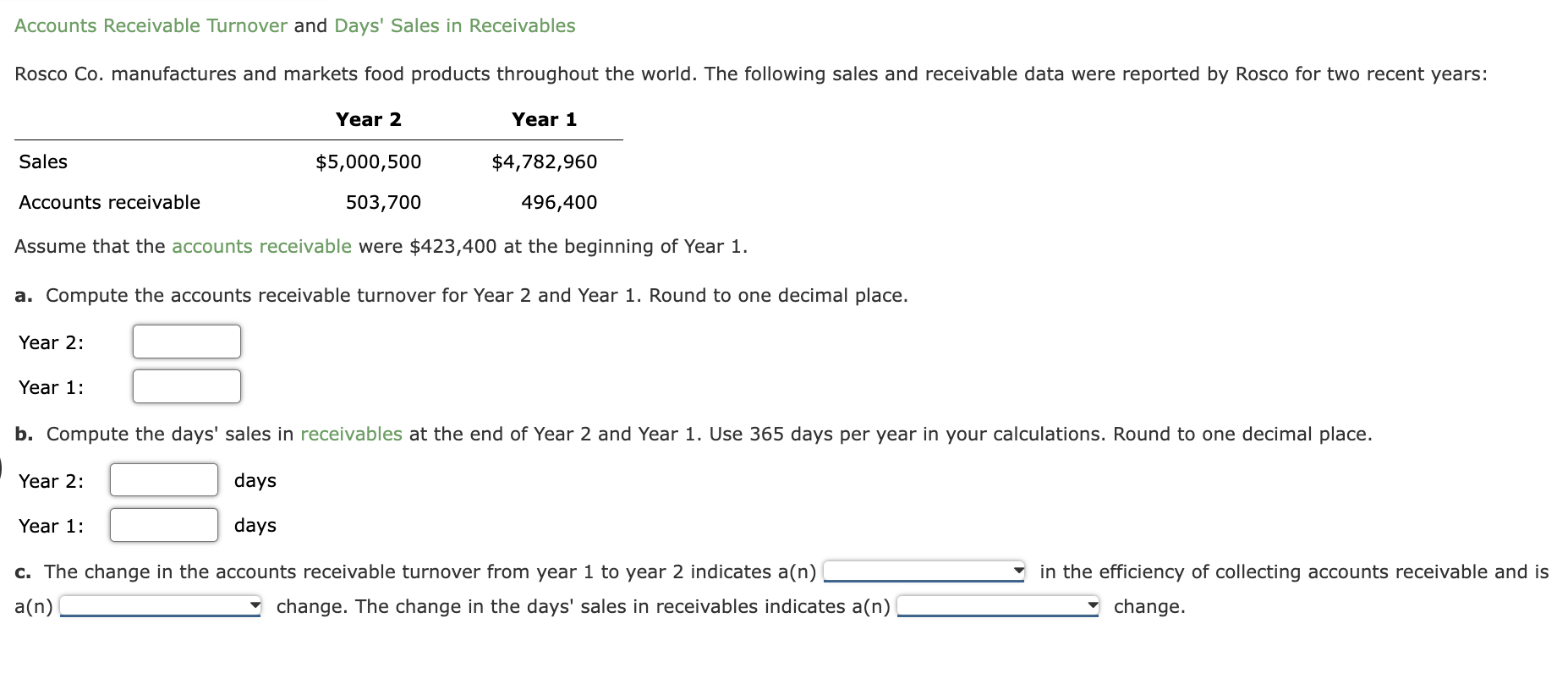 Accounts Receivable Turnover and Days' Sales in | Chegg.com