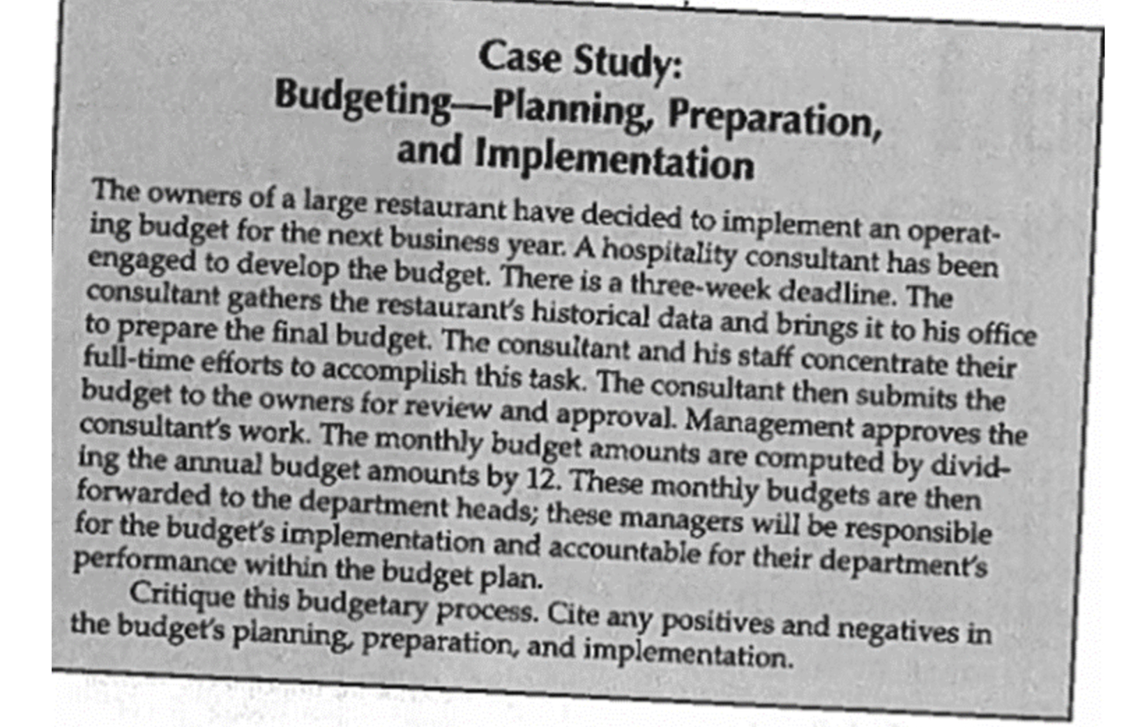 Solved Case Study: Budgeting-Planning, Preparation, and | Chegg.com