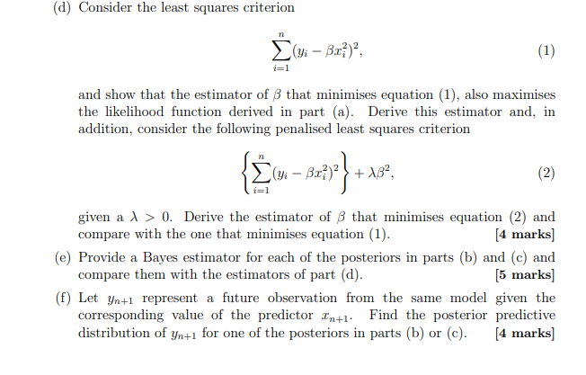 D Consider The Least Squares Criterion N Σ Y