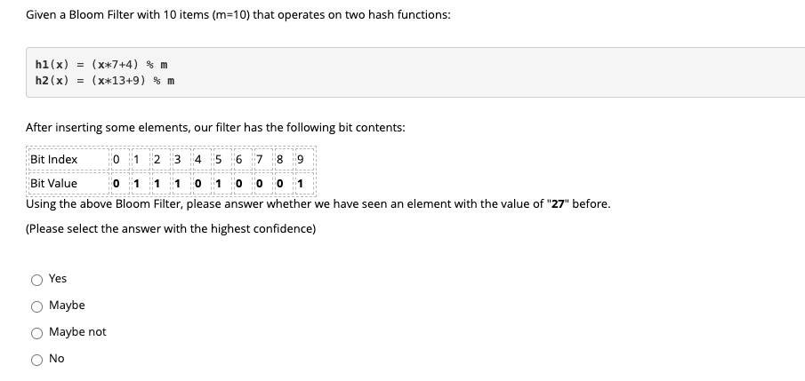Solved Given a Bloom Filter with 10 items (m=10) that | Chegg.com