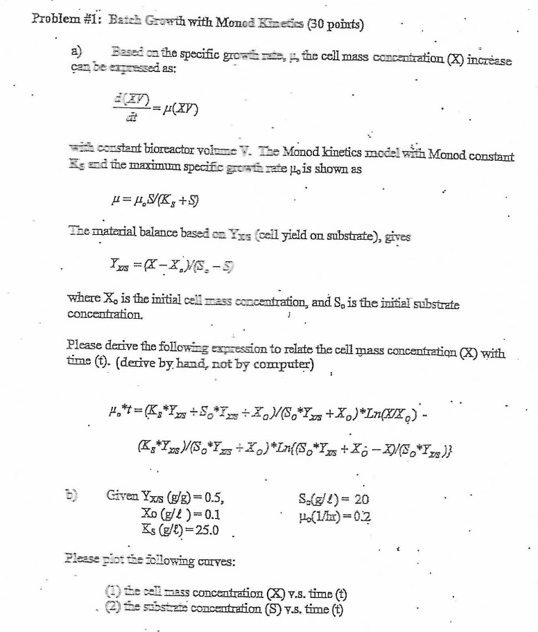 Solved Problem #1: Batch Growpth with Monod Janetios (30 | Chegg.com