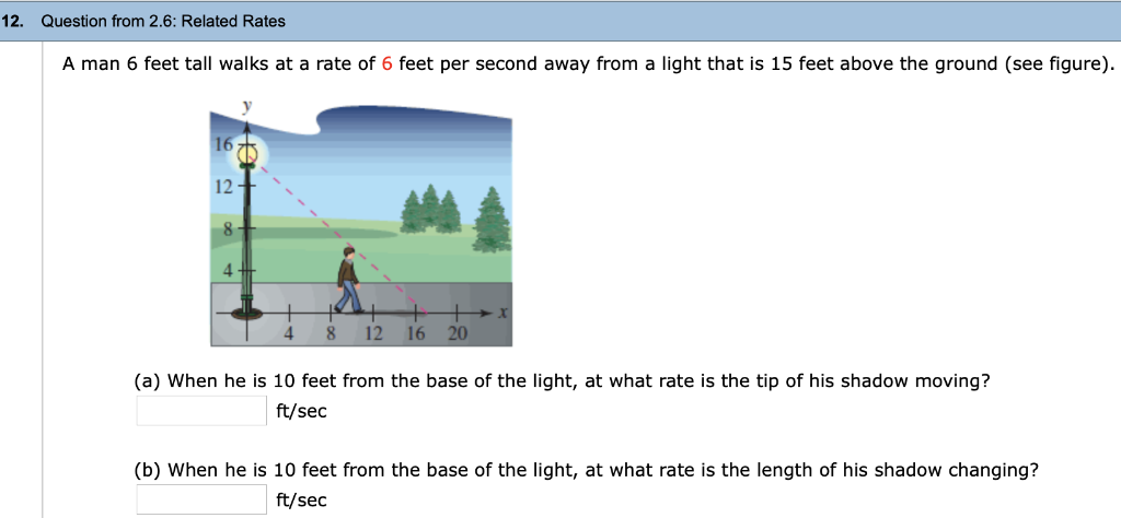 Solved 12. Question from 2.6: Related Rates A man 6 feet | Chegg.com