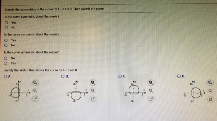 Solved Identify the symmetries of the curve r 4+3sin0 Then | Chegg.com Solved Identify the symmetries of the curve r 4+3sin0 Then | Chegg.com