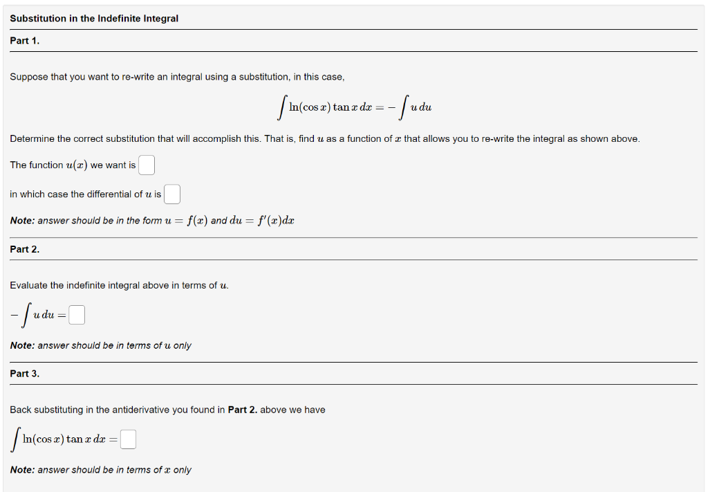 Solved Substitution in the Indefinite Integral Part 1. | Chegg.com