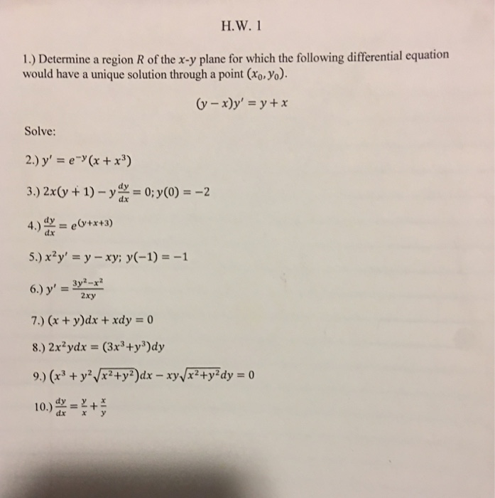 Solved H.W. 1 1.) Determine a region R of the x-y plane for | Chegg.com