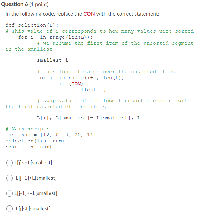 Solved Question 6 (1 point) In the following code, replace | Chegg.com