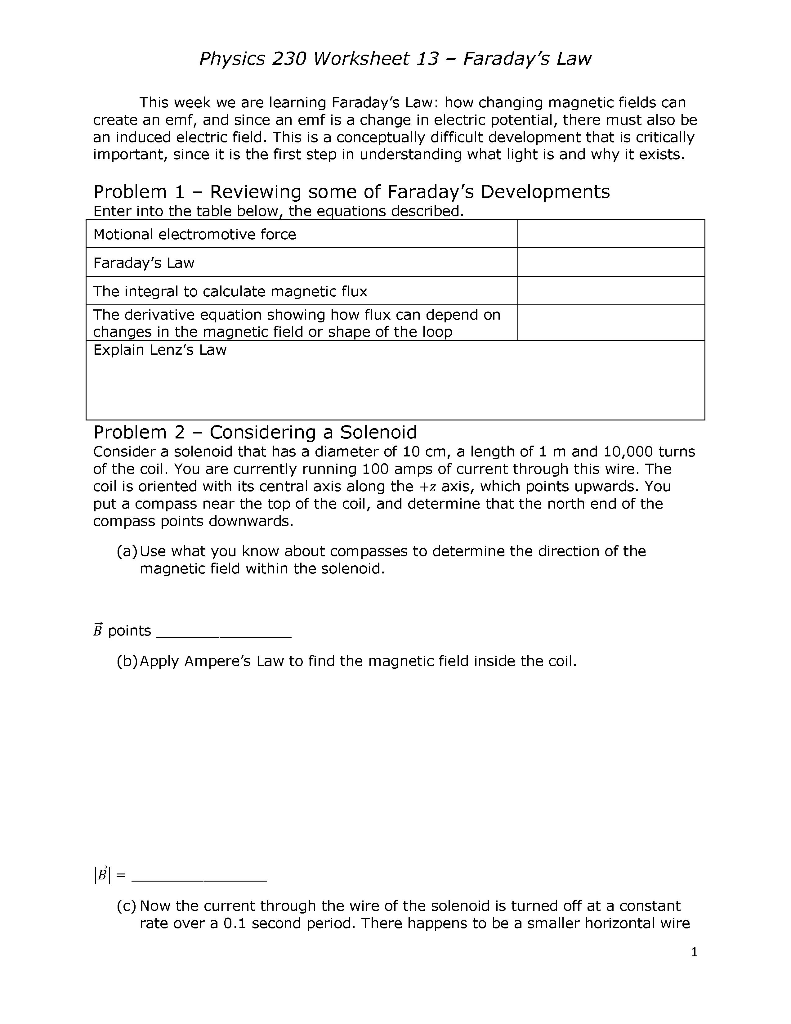 Solved Physics 230 Worksheet 13 - Faraday's Law This week we | Chegg.com