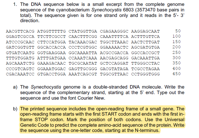 Solved 1. The DNA sequence below is a small excerpt from the | Chegg.com