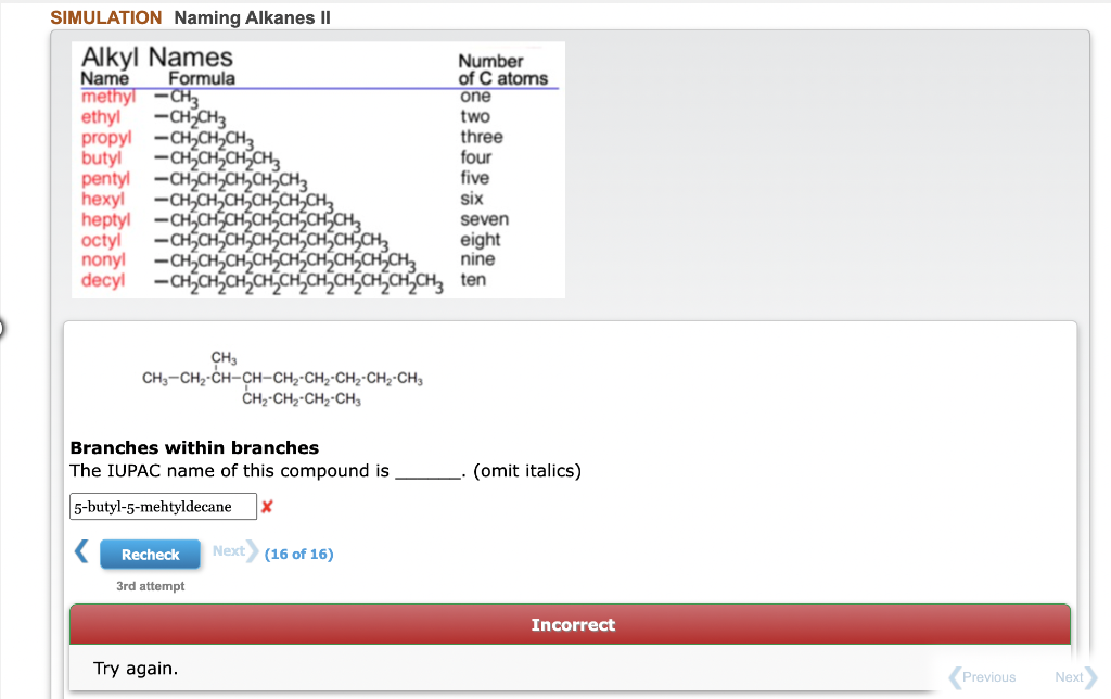 Solved SIMULATION Naming Alkanes II Branches within branches | Chegg.com