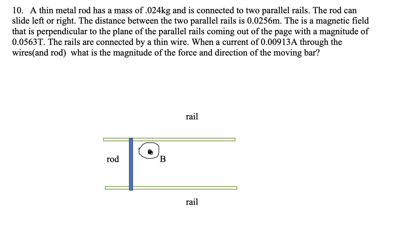 Solved 10. A thin metal rod has a mass of .024kg and is | Chegg.com