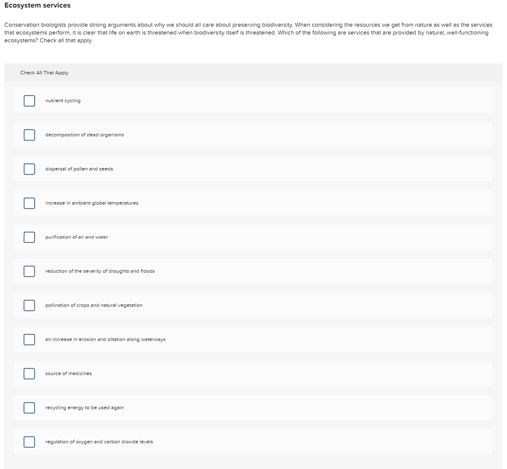 Solved Ecosystem services Conservation biologists provide | Chegg.com
