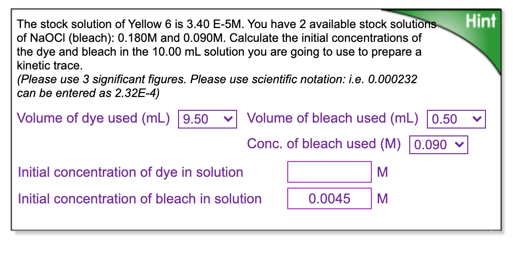 Solved The stock solution of Yellow 6 is 3.40 E-5M. You have | Chegg.com