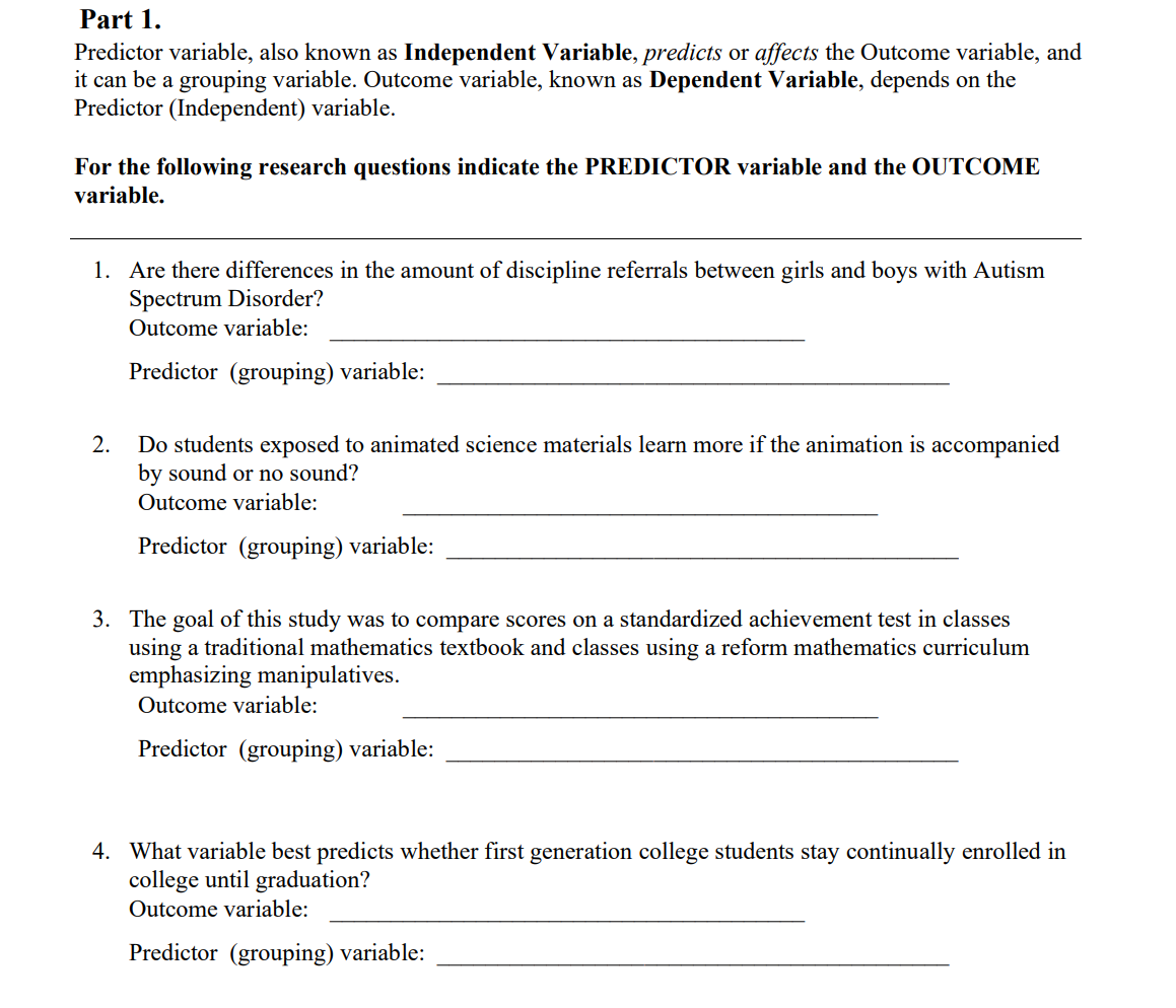 Solved Part 1. Predictor variable, also known as Independent | Chegg.com
